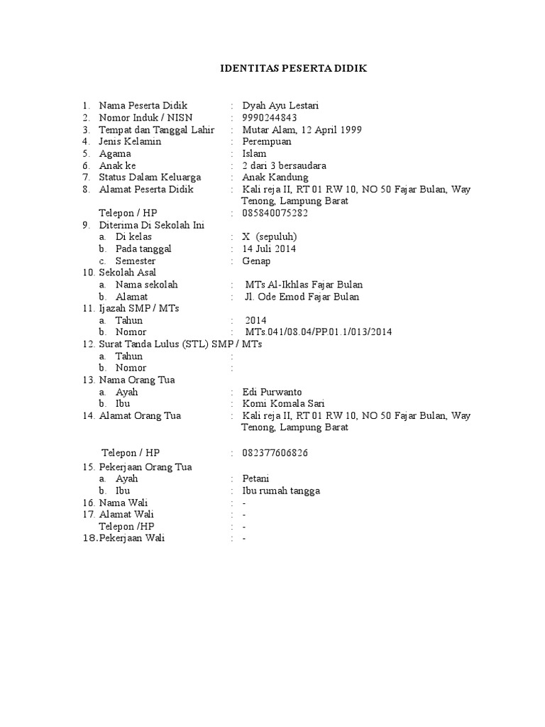 Contoh Tabel Identitas Peserta Didik | PDF