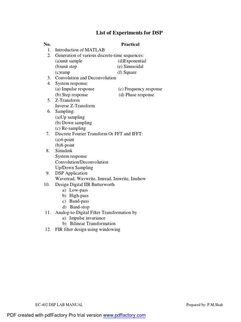 List of Experiments For DSP: No. Practical | PDF | Matlab | Digital Signal Processing