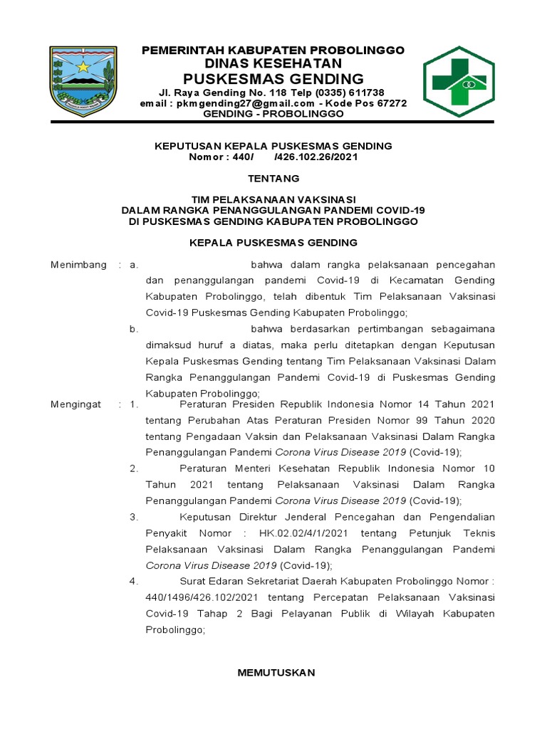 SK Tim Pelaksana Vaksinasi Covid-19 PKM Gending 2021 | PDF ...