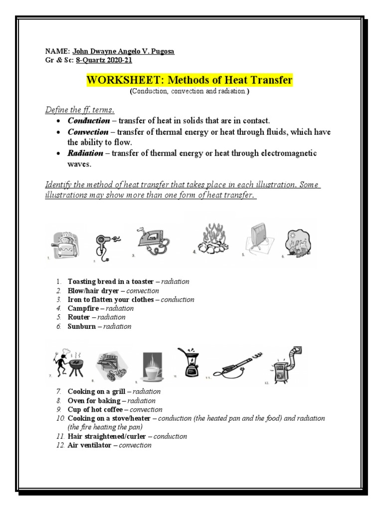 Heat Transfer Worksheet Science 8 | PDF | Heat Transfer | Convection
