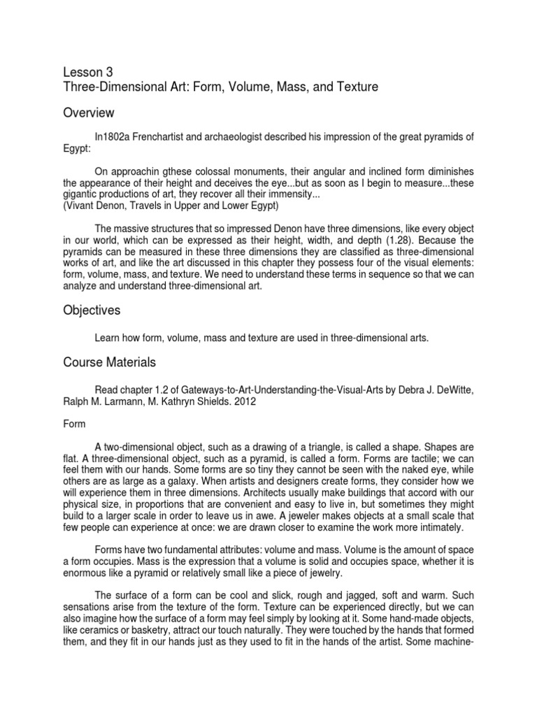 Lesson 3 Three-Dimensional Art: Form, Volume, Mass, and Texture | PDF ...