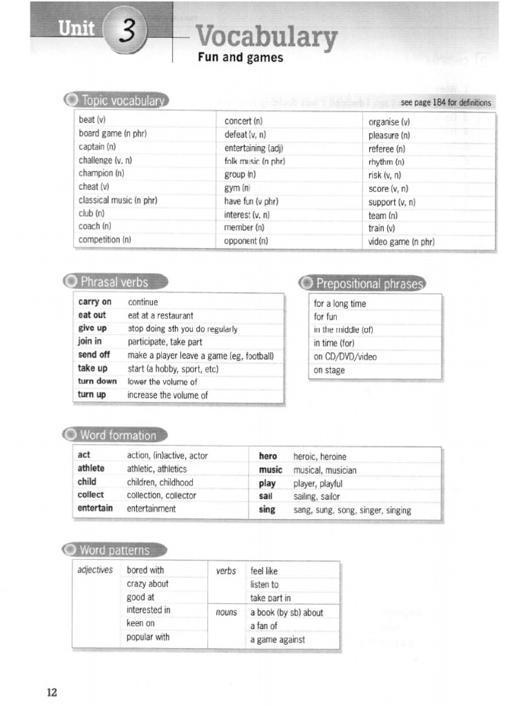 Unit 3 - Vocabulary - Fun and Games | PDF