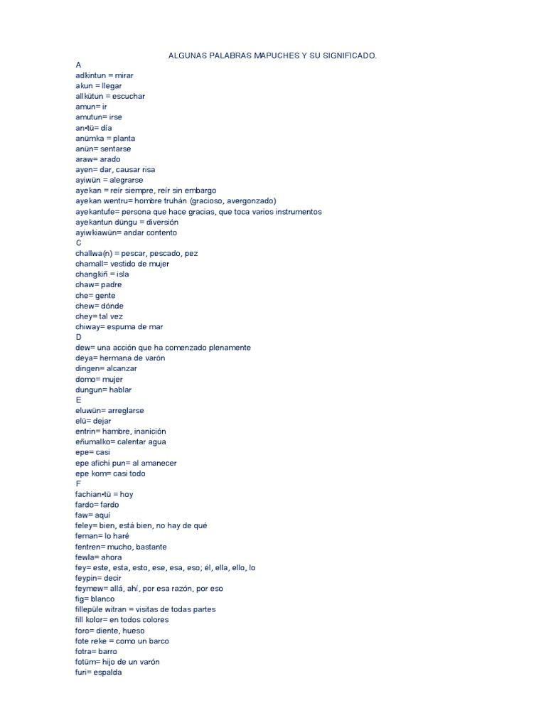 Algunas Palabras Mapuches y Su Significado | PDF