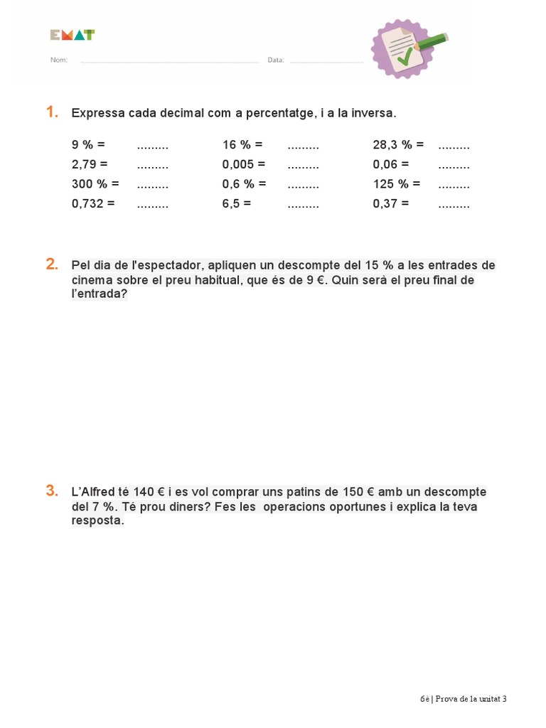 Prova de La Unitat 3 EMAT 6 | PDF