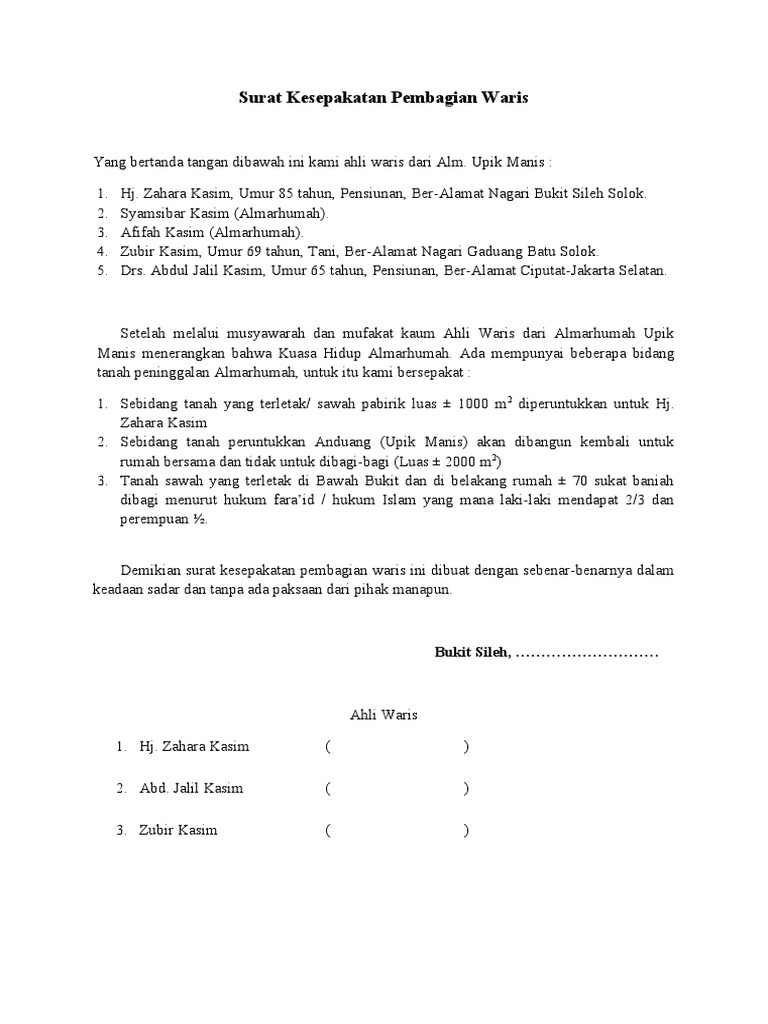 Surat Kesepakatan Pembagian Waris | PDF