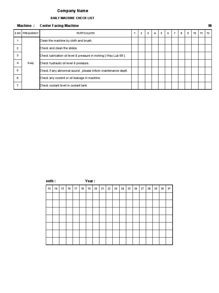 Daily Machine Check List - Center Facing Machine | PDF