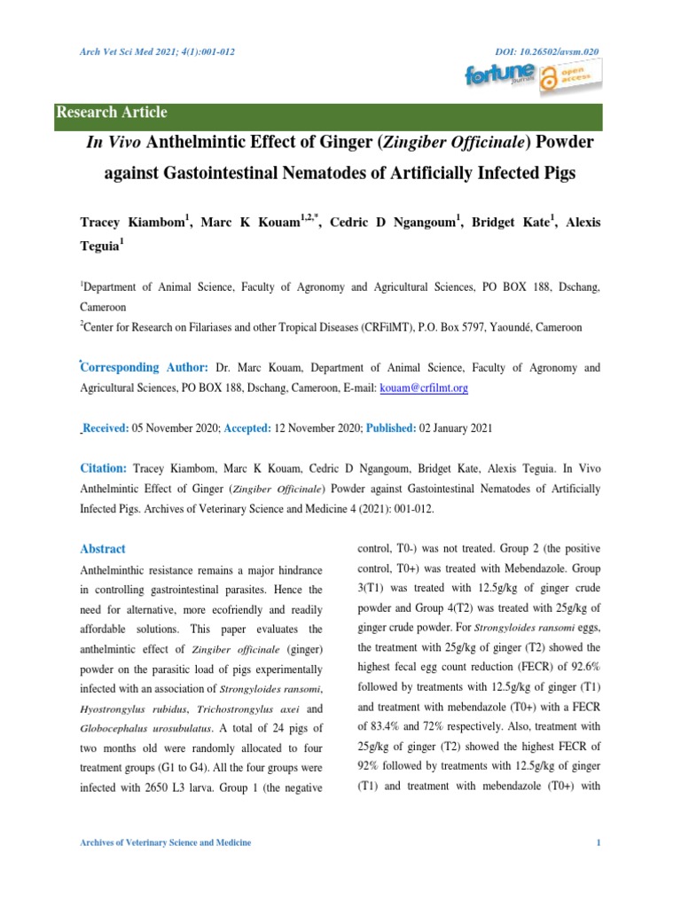 In Vivo Anthelmintic Effect of Ginger Zingiber Officinale Powder ...