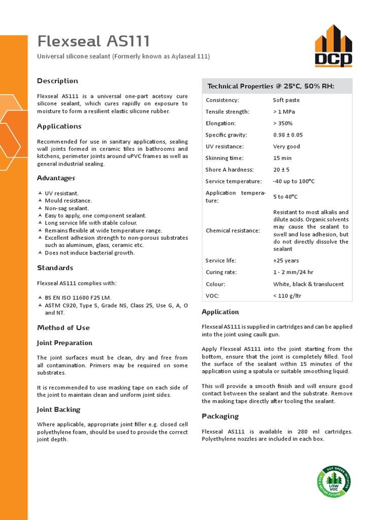 Flexseal AS111: A Technical Data Sheet for a Universal Silicone Sealant | PDF | Silicone | Concrete