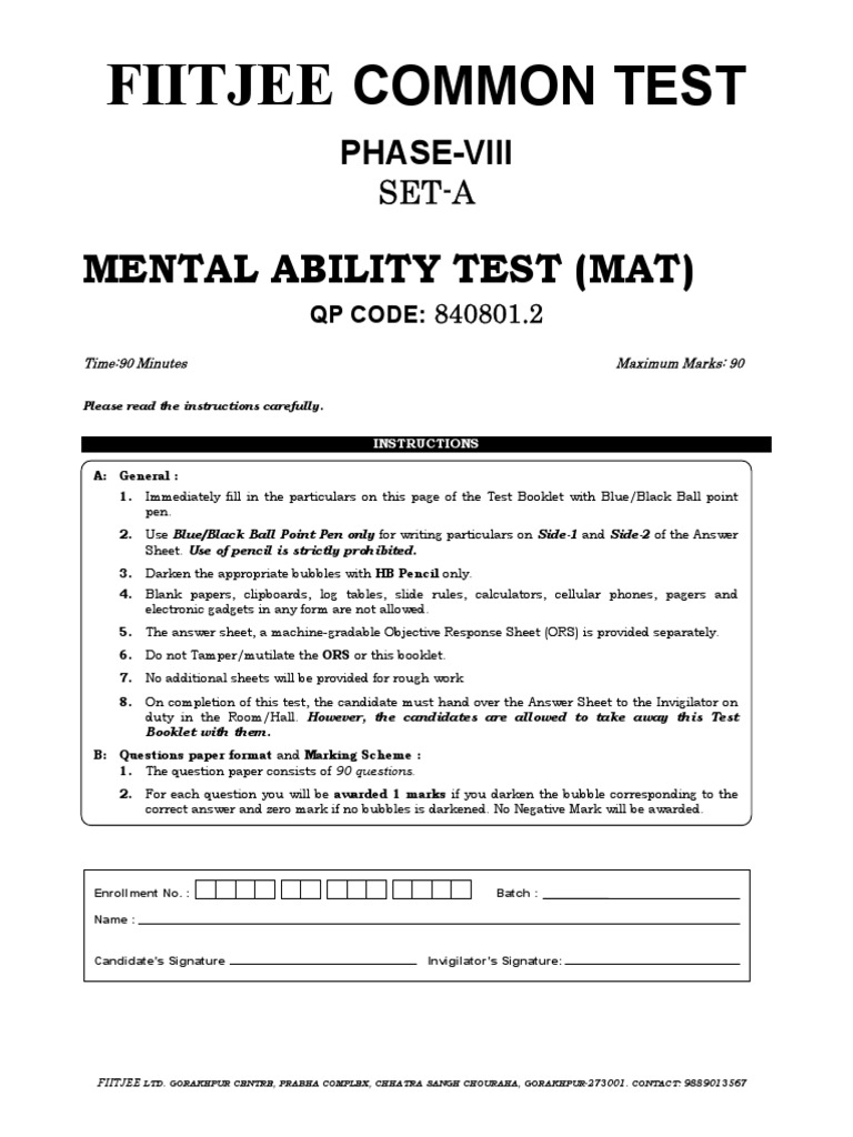 Fiitjee: Common Test | PDF