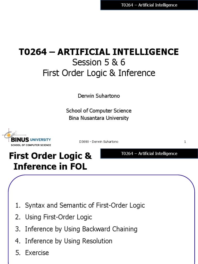 T0264 - Artificial Intelligence: Session 5 & 6 First Order Logic ...