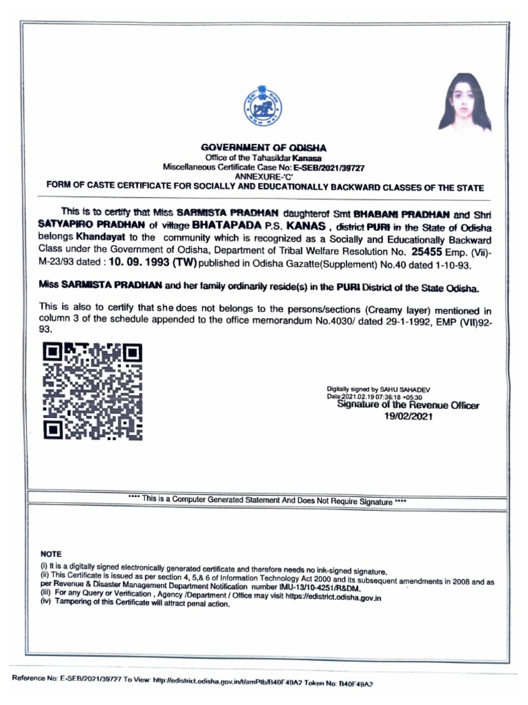Government Caste Certificate for Socially and Educationally Backward ...