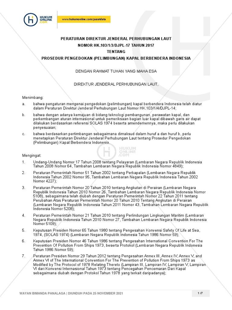 Peraturan Direktur Jenderal Perhubungan Laut No. HK.103/1/3/DJPL-17 | PDF