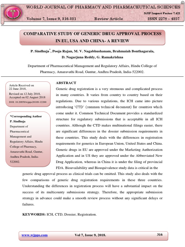 Comparative Study of Generic Drug Approval Process in Eu, Usa and China ...