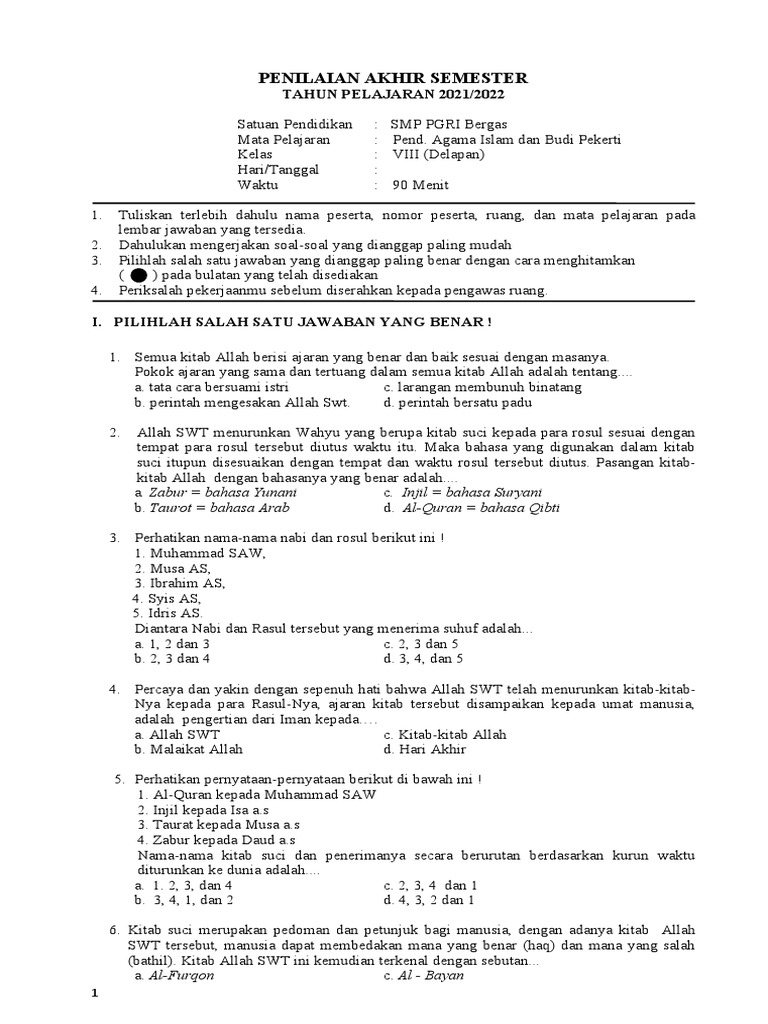 Soal Pas Pai KLS 8 | PDF
