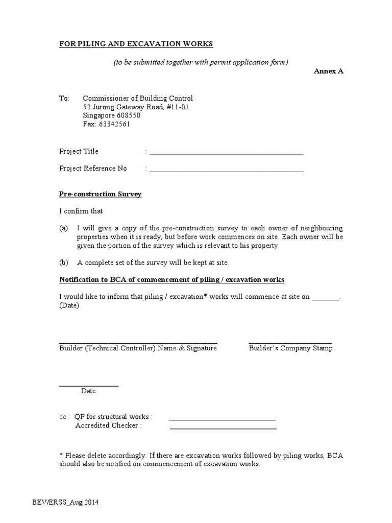 For Piling and Excavation Works: (To Be Submitted Together With Permit Application Form) | PDF ...