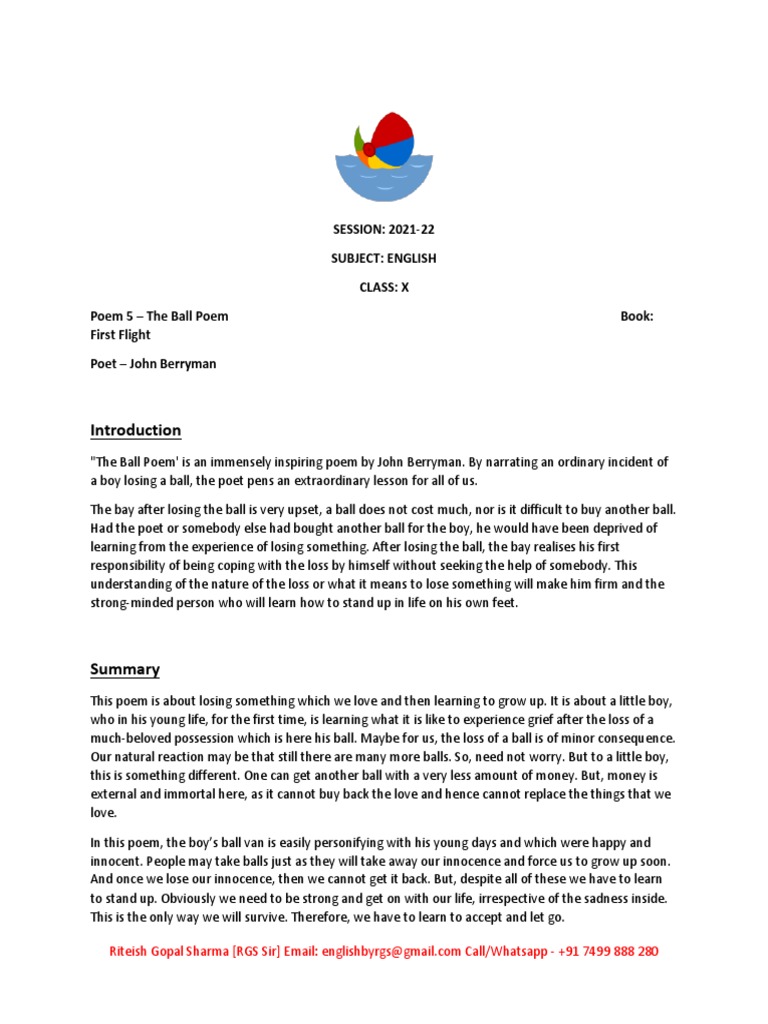 SESSION: 2021-22 Subject: English Class: X Poem 5 - The Ball Poem Book ...