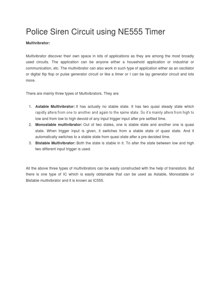Police Siren Circuit Using NE555 Timer | PDF | Electromagnetism ...