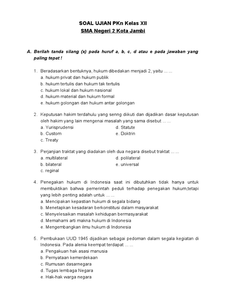 SOAL UJIAN PKN - SMA | PDF