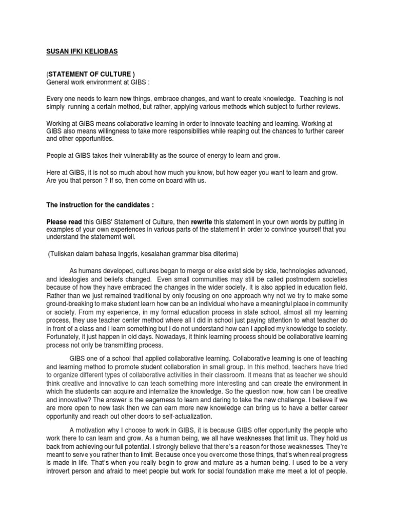 Statement of Culture-Susan | PDF | Learning | Teachers