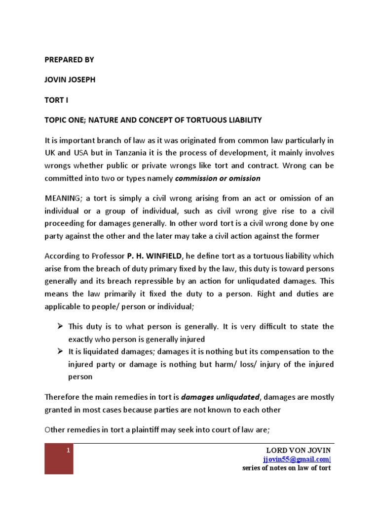 Notes On Law of Tort-Aggrey Wakili Msomi | PDF | Tort | Damages Notes On Law of Tort-Aggrey Wakili Msomi | PDF | Tort | Damages