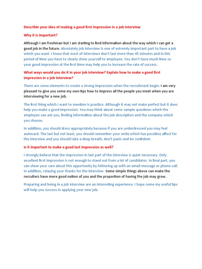 Describle Your Idea of Making A Good First Impression in A Job ...