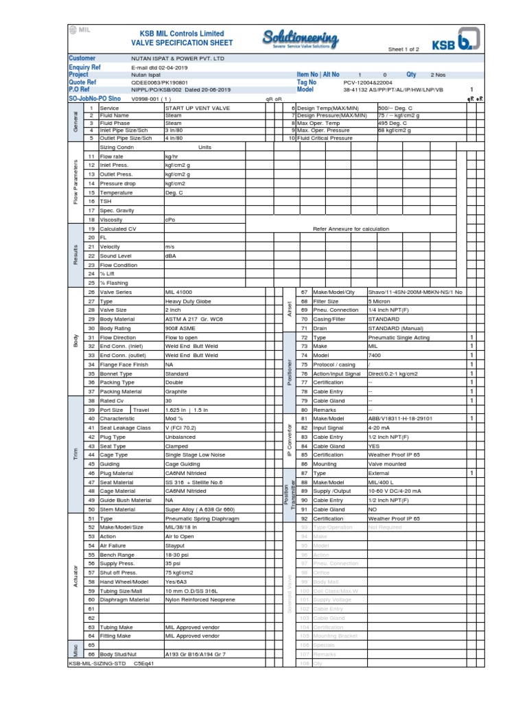 KSB MIL Steam Vent Valve Spec Sheet | PDF | Valve | Pipe (Fluid Conveyance)