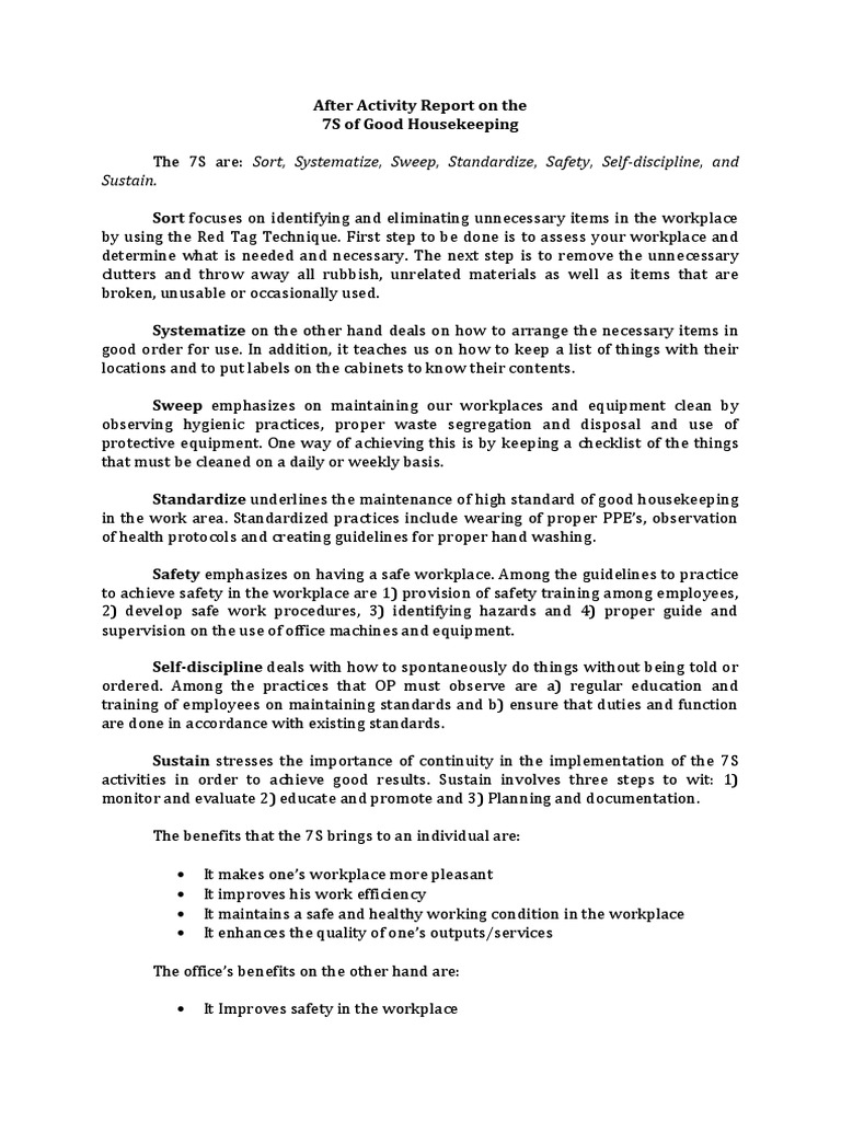 7S Good Housekeeping Report | PDF | Personal Protective Equipment ...