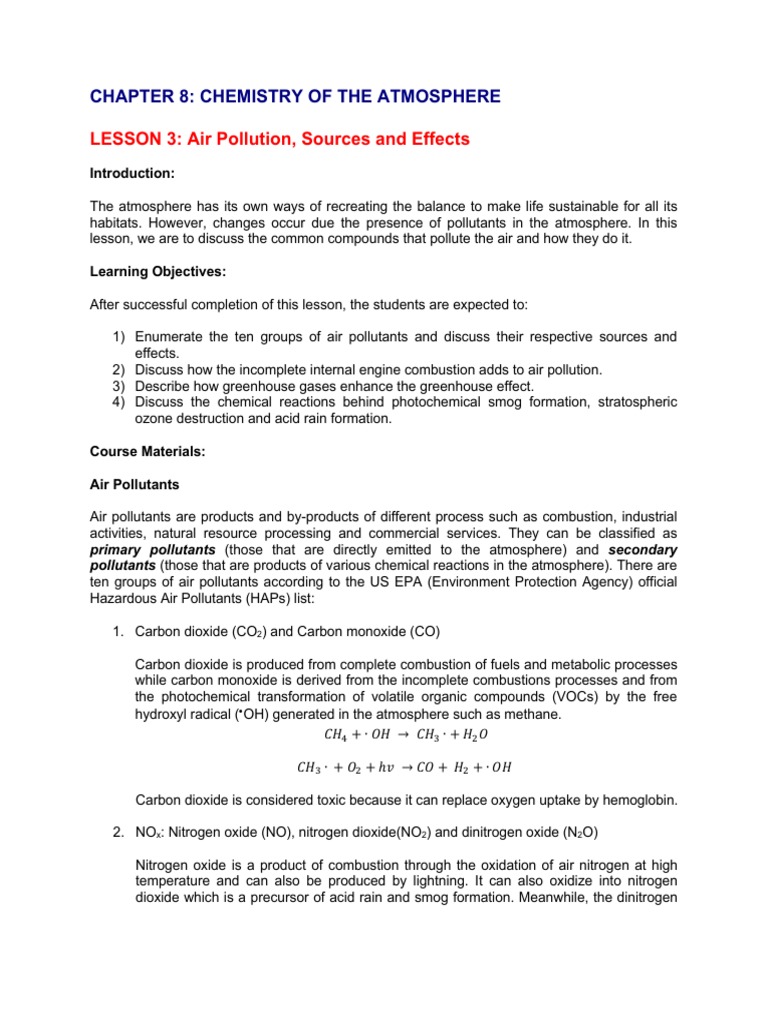 LESSON 3: Air Pollution, Sources and Effects: Chapter 8: Chemistry of ...
