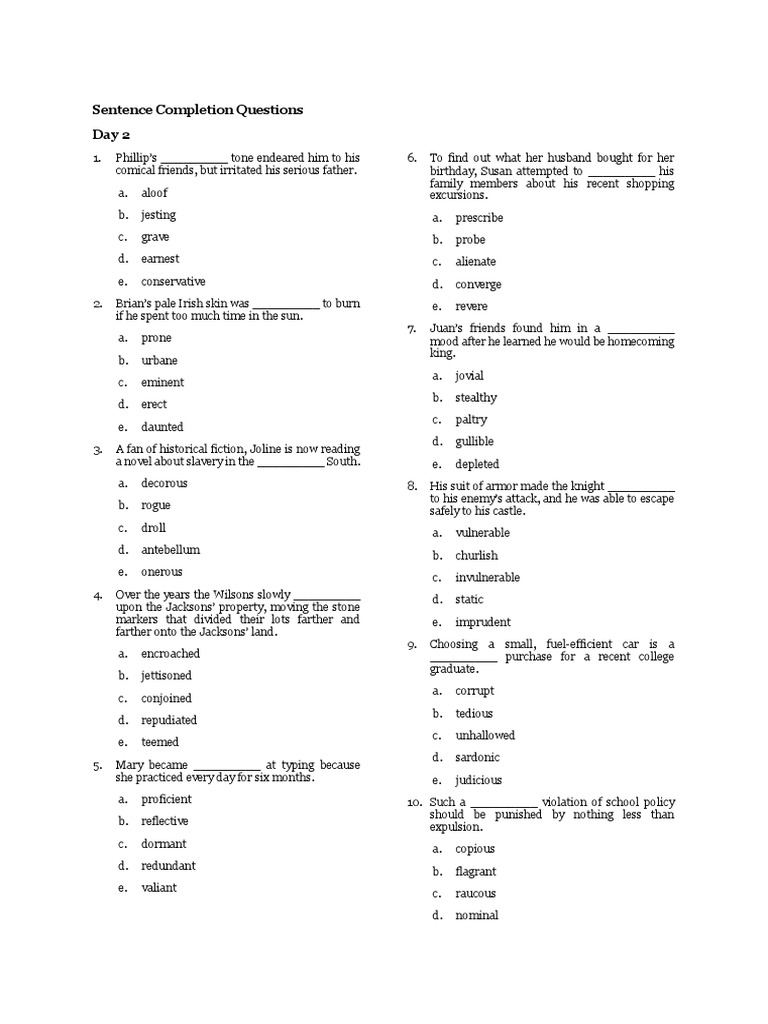 Sentence Completion Questions Day 2 | PDF