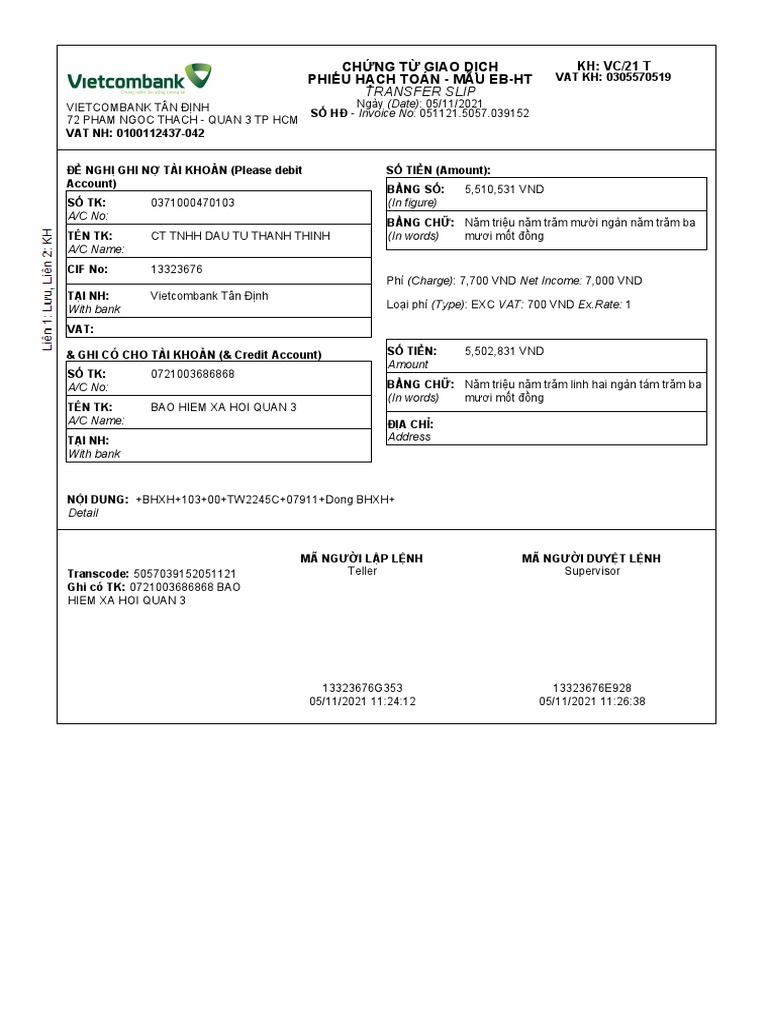 Print Vietcombank Transfer | PDF