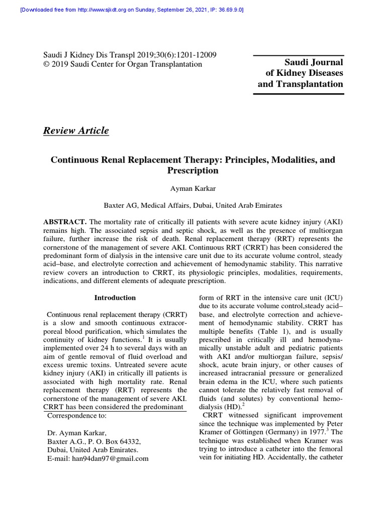Continous Renal Replacement Therapy Principles, Modalities, and ...