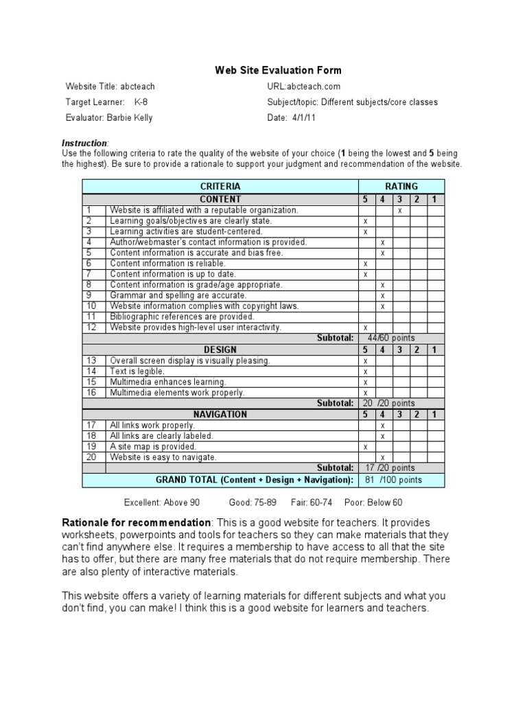 Web Site Evaluation Form | PDF | Websites | Multimedia
