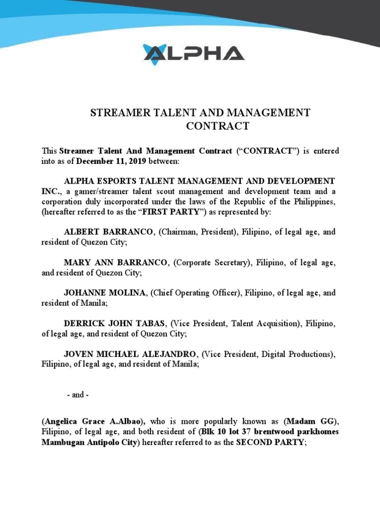 Streamer Talent Management Contract | PDF | Confidentiality | Damages