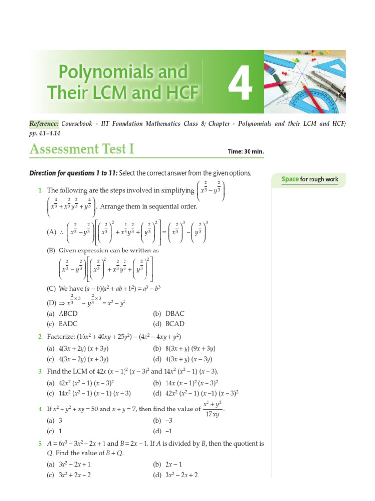 Polynomials and Their LCM and HCF: Assessment Test I | PDF | Abstract ...