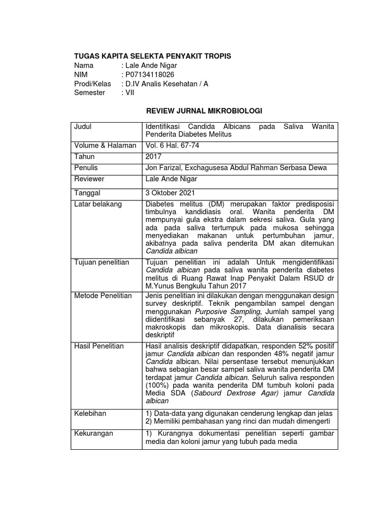 IDENTIFIKASI CANDIDA ALBICANS PADA SALIVA WANITA PENDERITA DIABETES ...