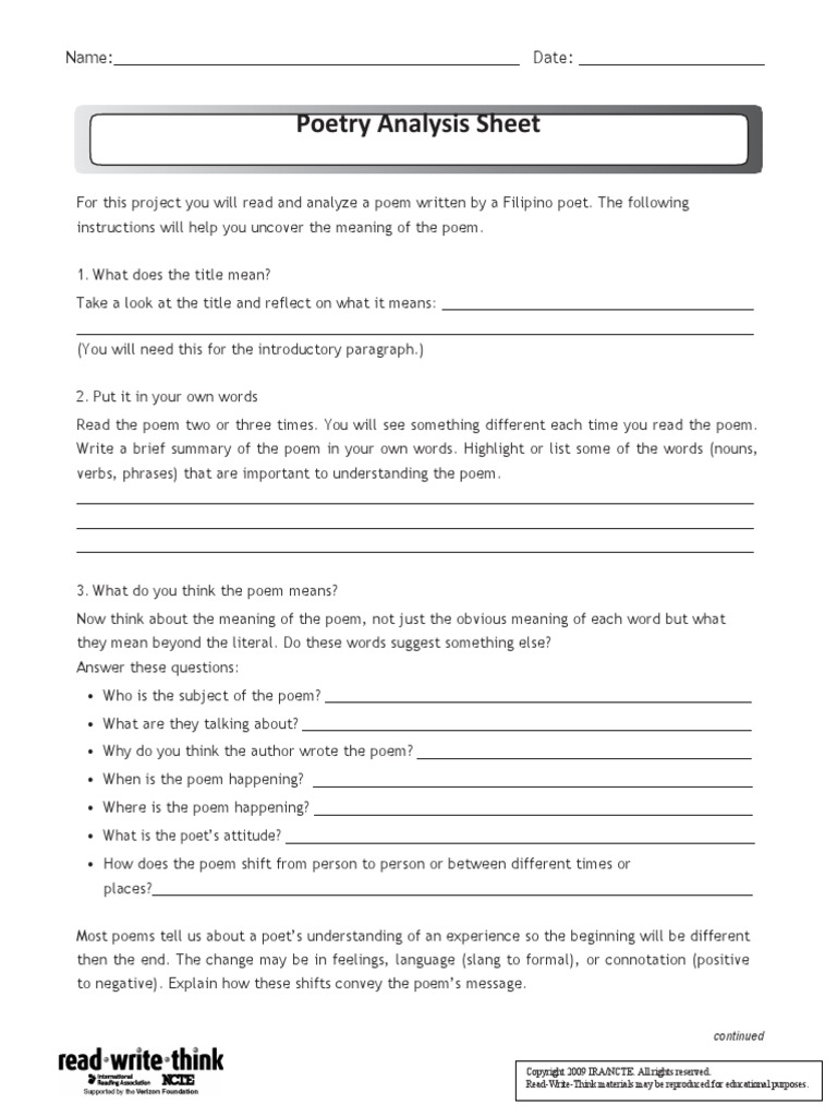 Poetry Analysis Worksheet | PDF | Poetry | Cognition