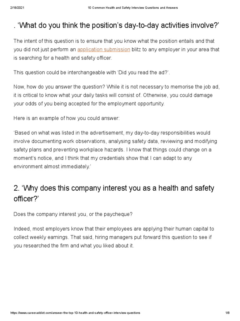 10 Common Health and Safety Interview Questions and Answers | PDF ...
