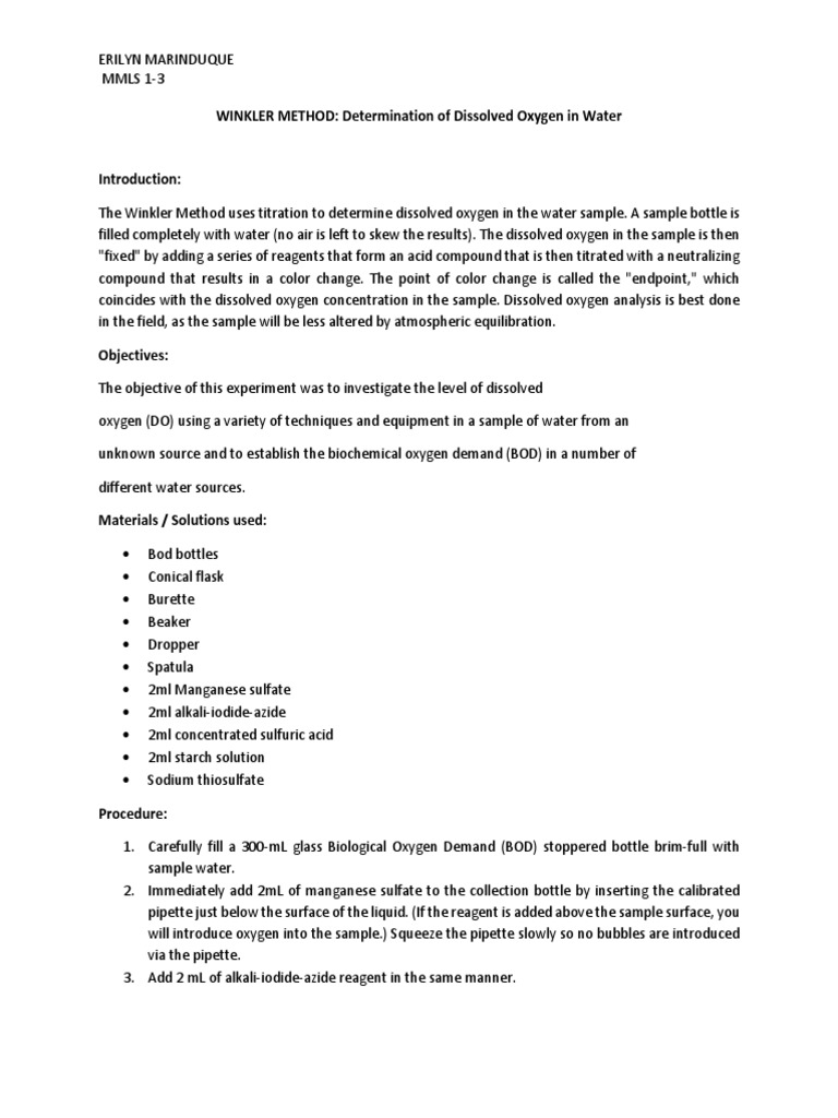 WINKLER METHOD: Determination of Dissolved Oxygen in Water | PDF ...
