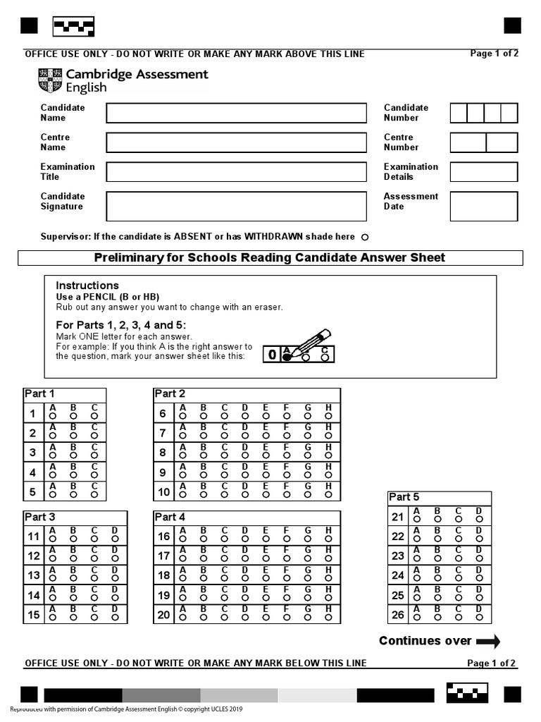 Preliminary For Schools Reading Candidate Answer Sheet: Instructions ...