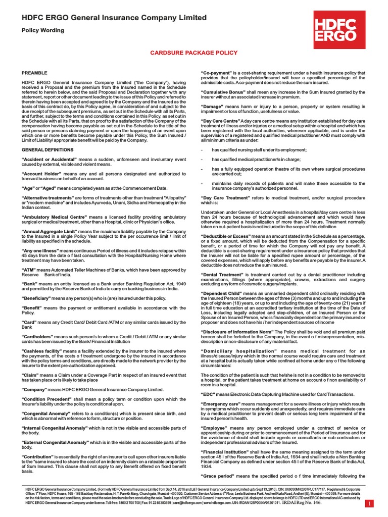 HDFC ERGO General Insurance Company Limited: Policy Wording | PDF ...