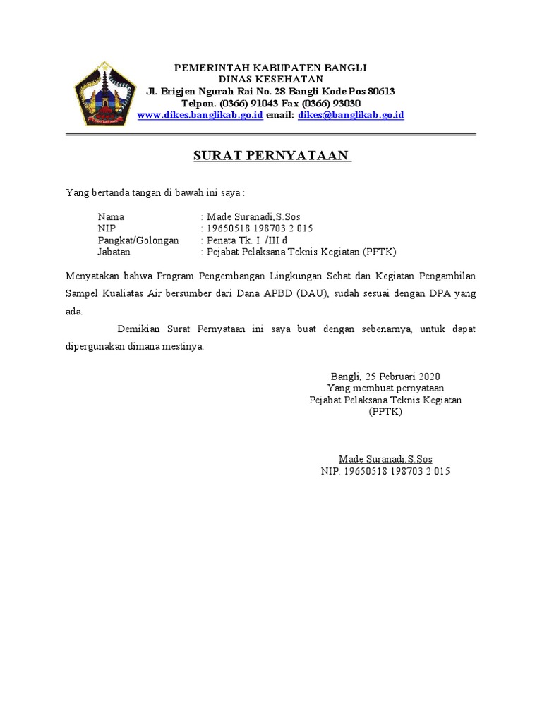 Surat Pernyataan PPTK | PDF
