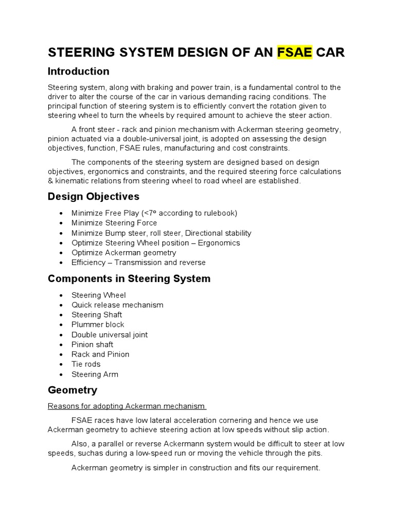 STEERING SYSTEM Design of An FSAE Car | PDF | Steering | Gear