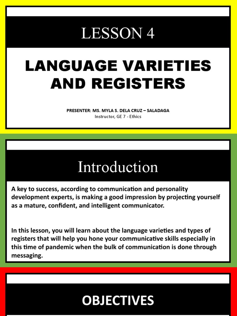 Lesson 4: Language Varieties and Registers | PDF | Cognitive Science | Cognition