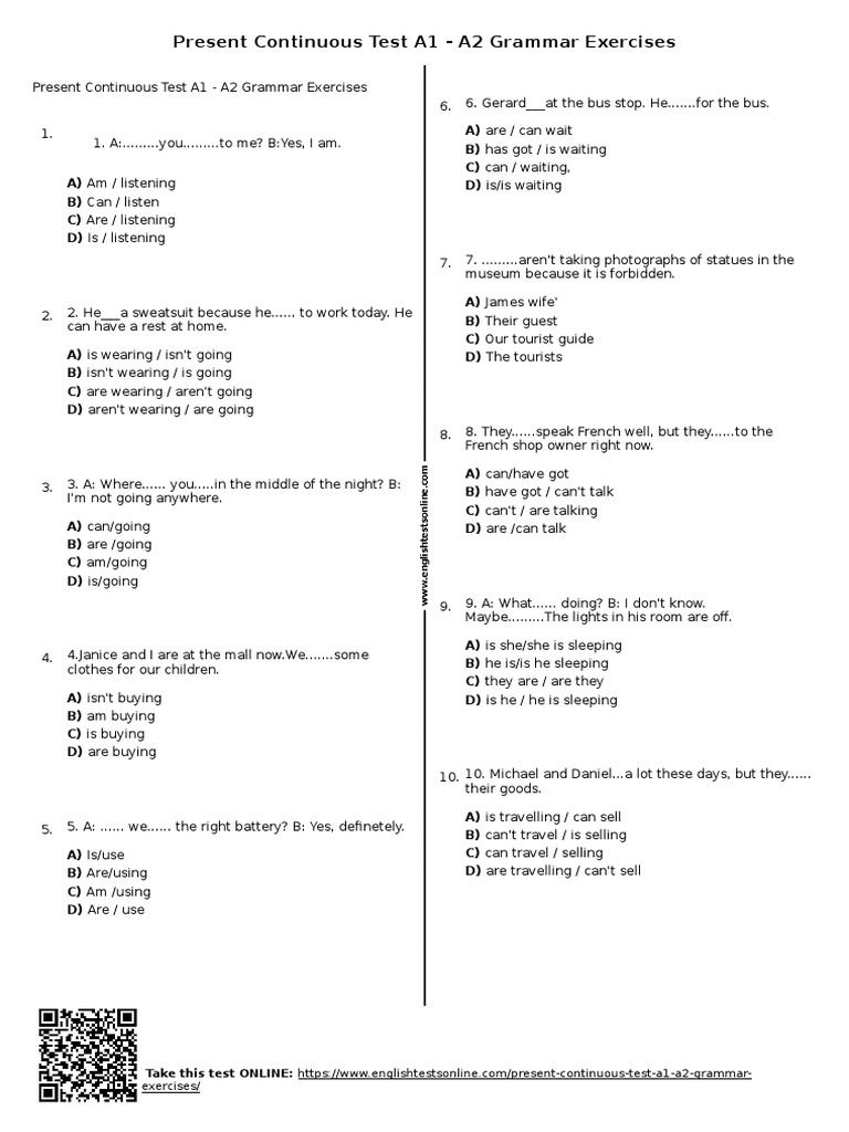 Present Continuous Test A1 - A2 Grammar Exercises | PDF