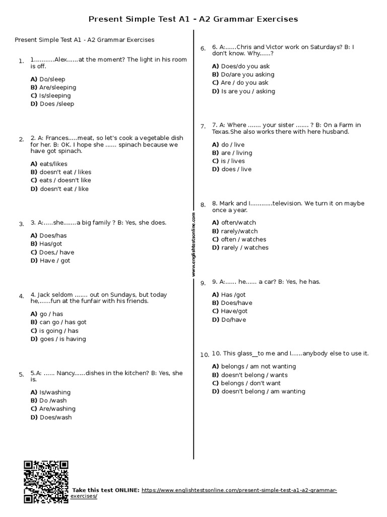 452 - Present Simple Test A1 A2 Grammar Exercises | PDF
