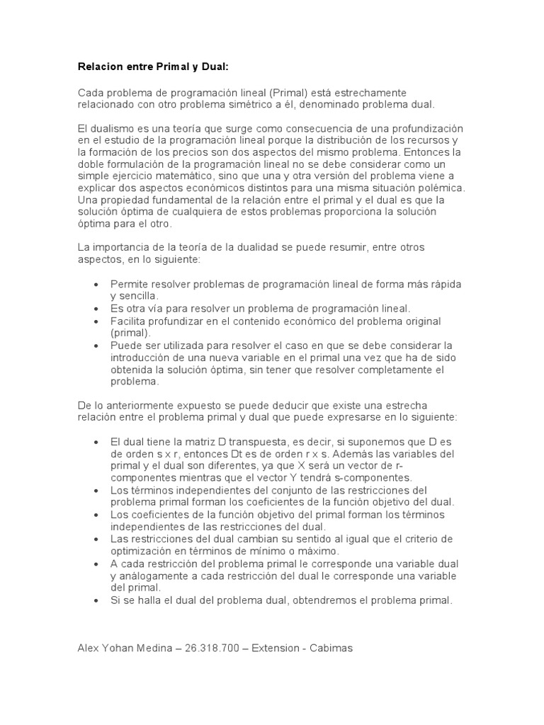 Relacion Entre Primal y Dual | PDF | Programación lineal | Linealidad