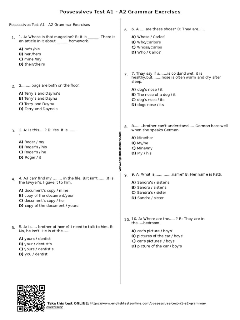 Possessives Test A1 - A2 Grammar Exercises | PDF
