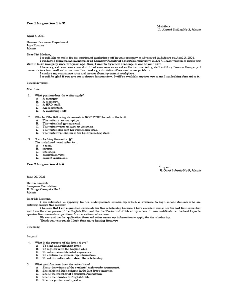 Soal Latihan Caption Dan Application Letter | PDF