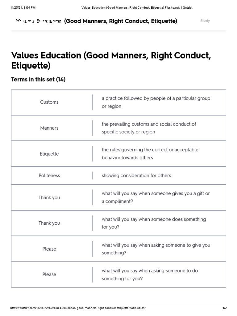 Values Education (Good Manners, Right Conduct, Etiquette) Flashcards ...