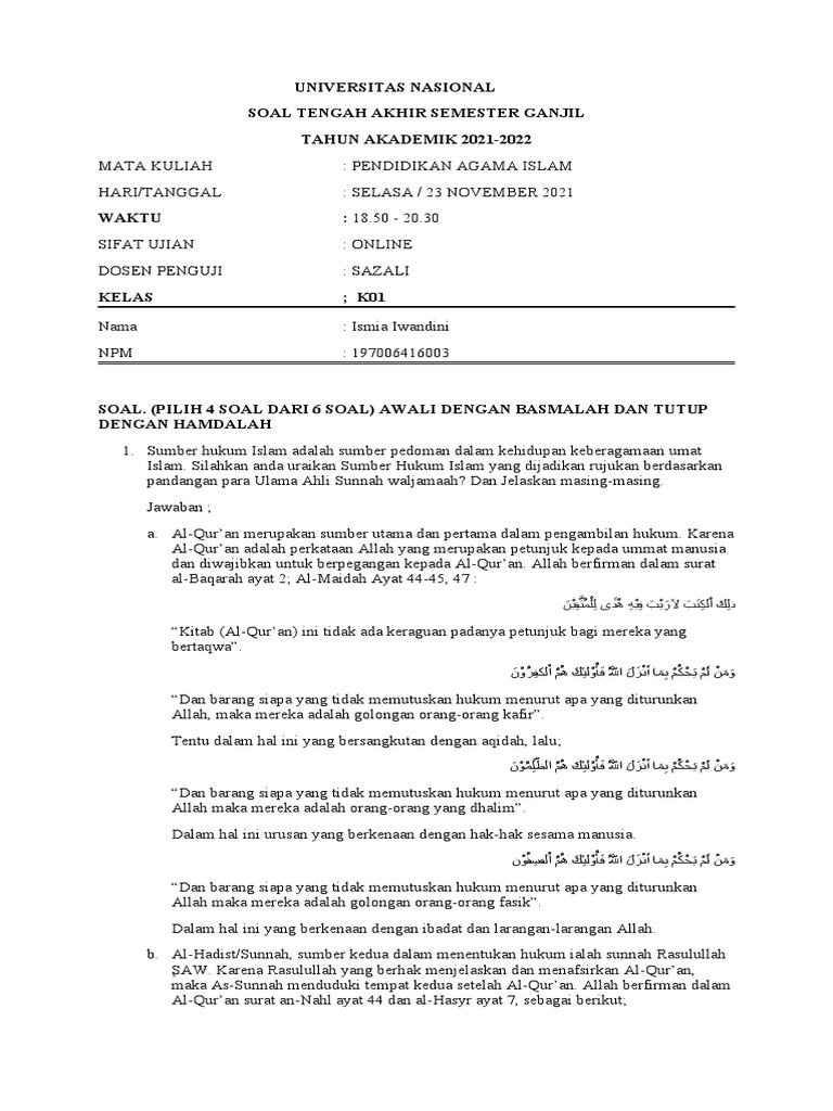 Ismia Iwandini - 197006416003 - UTS - Pendidikan Agama (K.01) | PDF